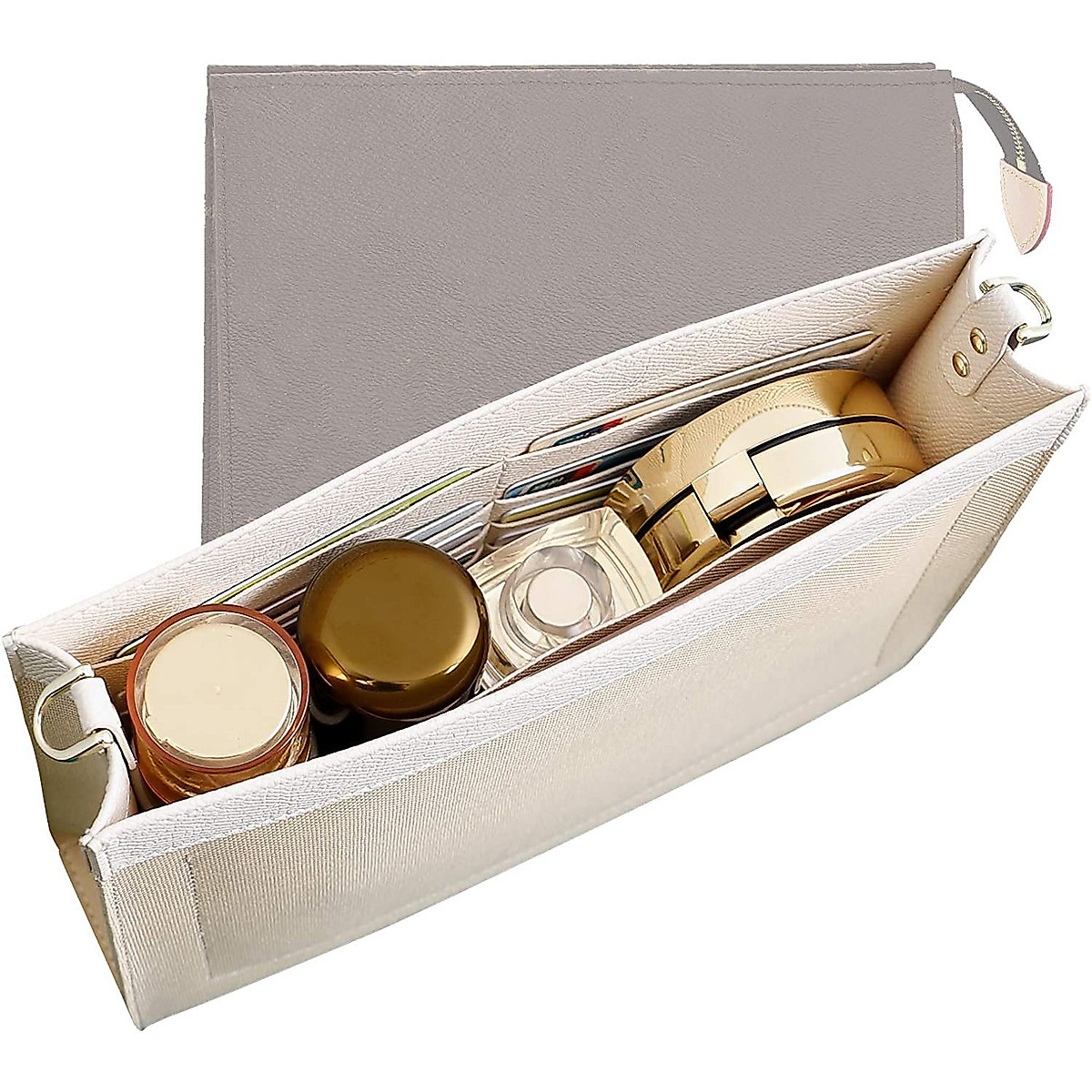 OAikor Upgraded Purse Insert Organizer Bag Fit Toiletry Pouch 26 Premium Microfiber Leather with D Rings, Waterproof Bag Insert for lv Pouch 26 Khaki (Large-26, Beige)