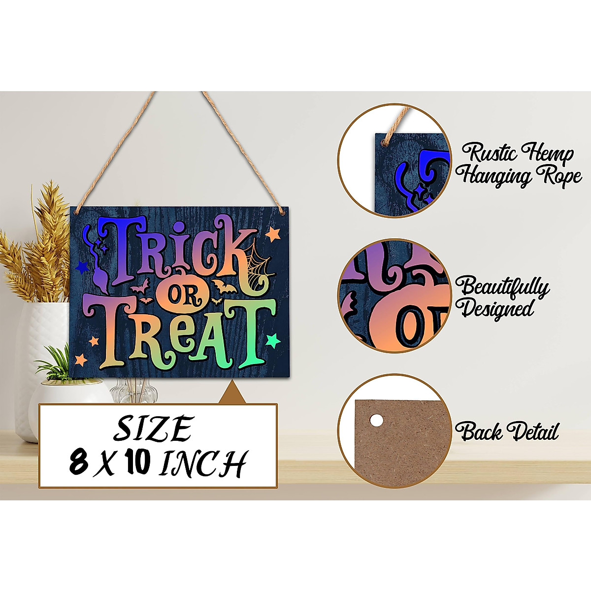 Trick Or Treat Wooden Hanging Sign - Halloween Witches Welcome Wall Decor - Pumpkin Wood Front Door Sign for Home Farmhouse Office Porch - Wood Plaque Halloween Gifts (8'' x 10") -05