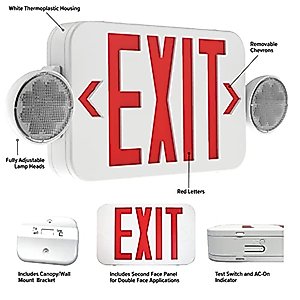 HUBBELL CCR, Remote Compatible Combination Outdoor Emergency Light and Red Letter Exit Sign, with 120/277VAC, 60Hz Input, 2 Fully Adjustable LED Lamps, 18 in x 2 in x 8.2 in, White