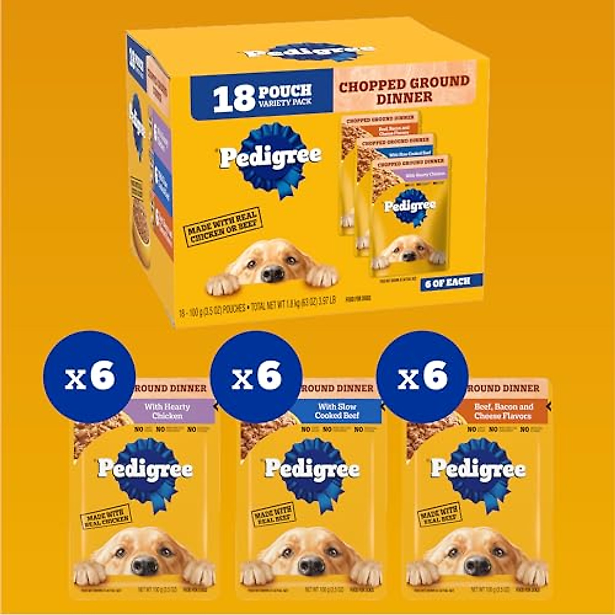 PEDIGREE Adult Canned Wet Dog Food Chopped Ground Dinner Variety Pack (18) 3.5 oz. Pouches