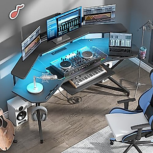 Auromie 72" Gaming Desk with Power Outlet & Led Strip, Large Wing-Shaped Computer Desk w Monitor Stand & Keyboard Tray & RGB Mouse Pad, Studio Desk w Storage Shelf Headphone Hook Cup Holder