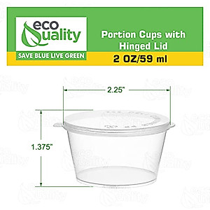 EcoQuality [100 PACK 2 Oz Leak Proof Plastic Condiment Souffle Containers with Attached Lids - Portion Cup with Hinged Lid Perfect For Sauces, Samples, Slime, Jello Shot, Food Storage & More!