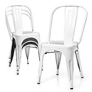 MoNiBloom Stackable Metal Dining Chairs, 18 Inch Set of 4 Vintage Patio Bistro Cafe Side Chairs with Back for Indoor Outdoor Restaurant, White