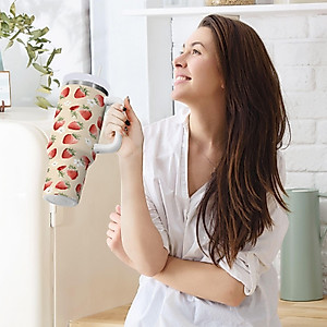 Jihqo Watercolor Strawberry White Floral 40 oz Stainless Steel Vacuum Insulated Tumbler with Handle and Straw Lid, Leakproof Water Bottle Double Wall Travel Mug Coffee Cup, Cupholder Friendly