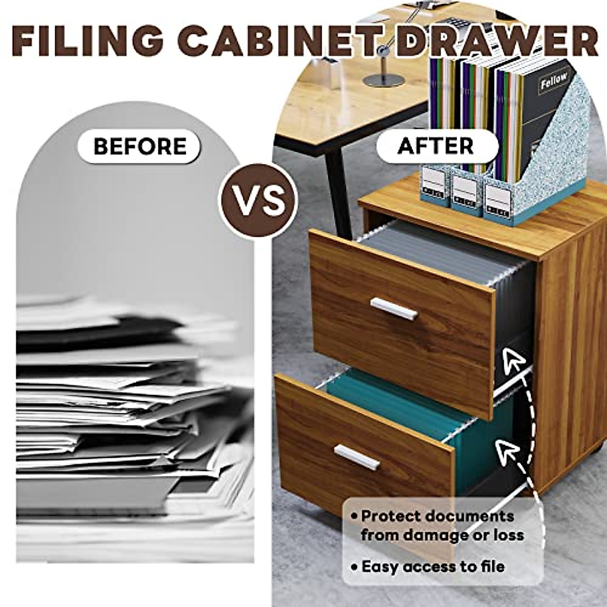 Maxtown 2 Drawer Mobile File Cabinet, Mobile lateral File Cabinet with Storage, Wood Filing Cabinet Under Desk, Printer Stand with Rolling, Teak