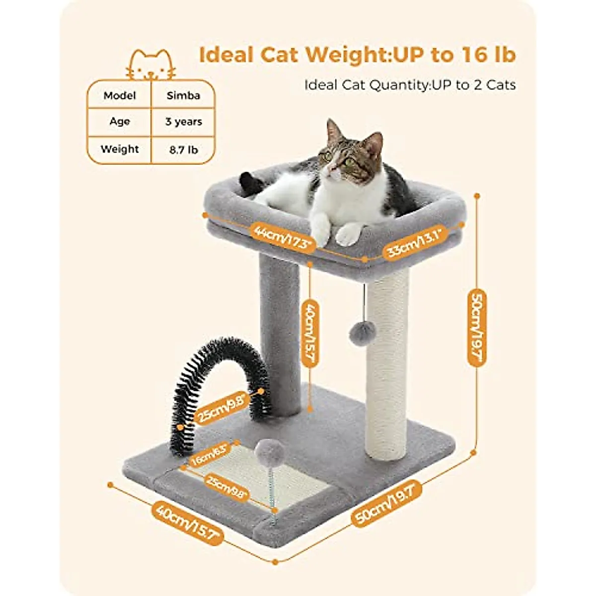 PEQULTI Cat Scratching Post Bed, Cat Scratcher with Sisal Covered Scratching Post and Pad, Self-Grooming Brush for Indoor Kittens and Cats