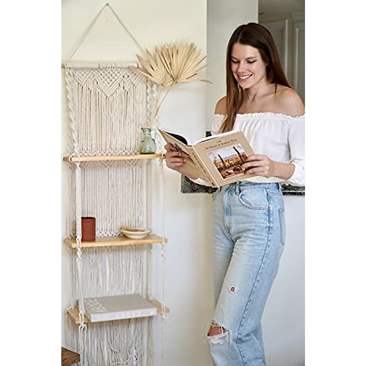 Van & Company 3 Tier Handmade Macrame Wall Hanging Shelf Includes 3 1.5cm Polished Wooden Shelves, Decorative Hand Made Roped Boho Shelving for Plants etc