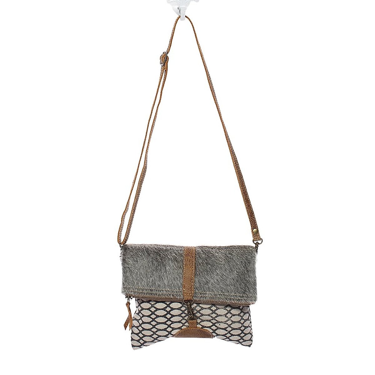 Myra Bag Foldover Cowhide & Upcycled Canvas Crossbody Bag S-1154, Brown, One Size