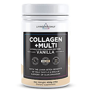 Livingood Daily Vanilla Collagen Powder, 30 Servings - Collagen Protein Powder (Collagen Type 1 and 3) Plus Multivitamin, Milk Thistle & Glucosamine - Hydrolyzed Collagen Peptides - 15.87oz