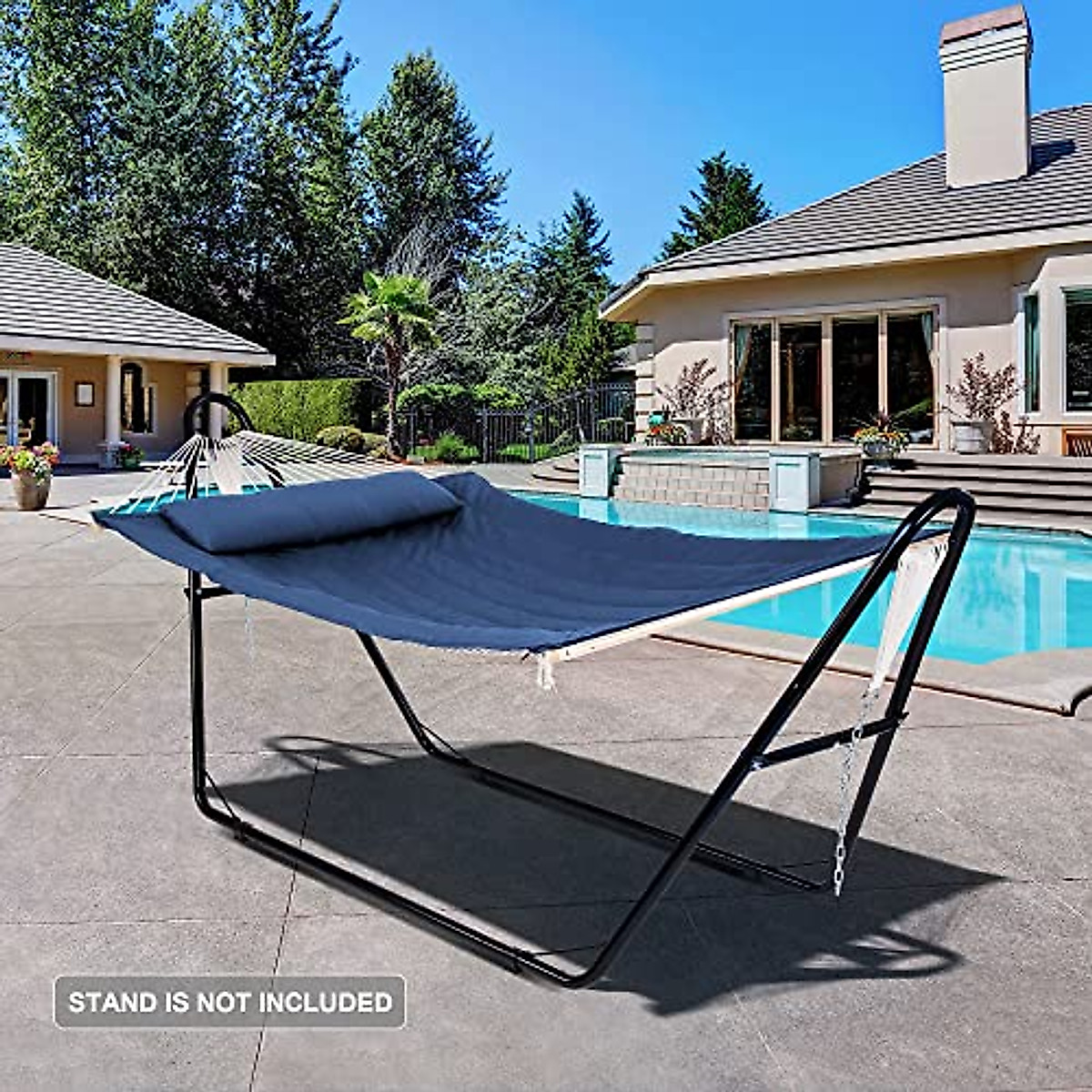 SUNCREAT Hammocks Outdoor Double Hammock with Hardwood Spreader Bar, 475 lbs Capacity, Heavy Duty 15 FT Hammock with Large Soft Pillow, Dark Blue