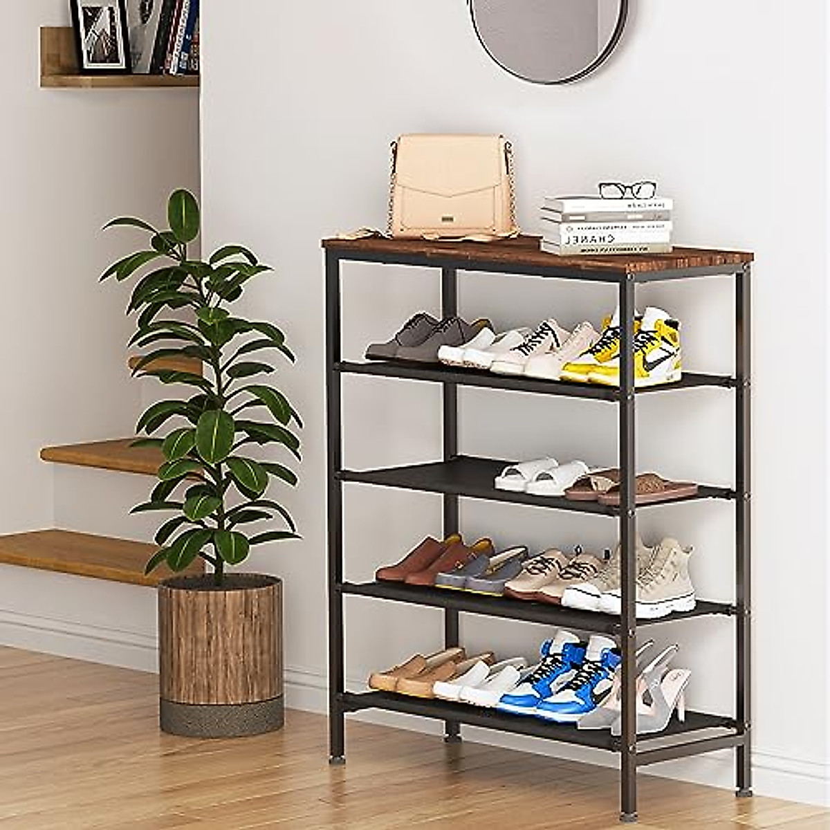 Z&L HOUSE 5 Tier Shoe Rack Organizer for Entryway, Sturdy Black Metal Framed Free Standing Shoe Shelf, Uniquely Versatile and Spacious Wood Top Storage, Shoe Stand for Garage Closet Hallway