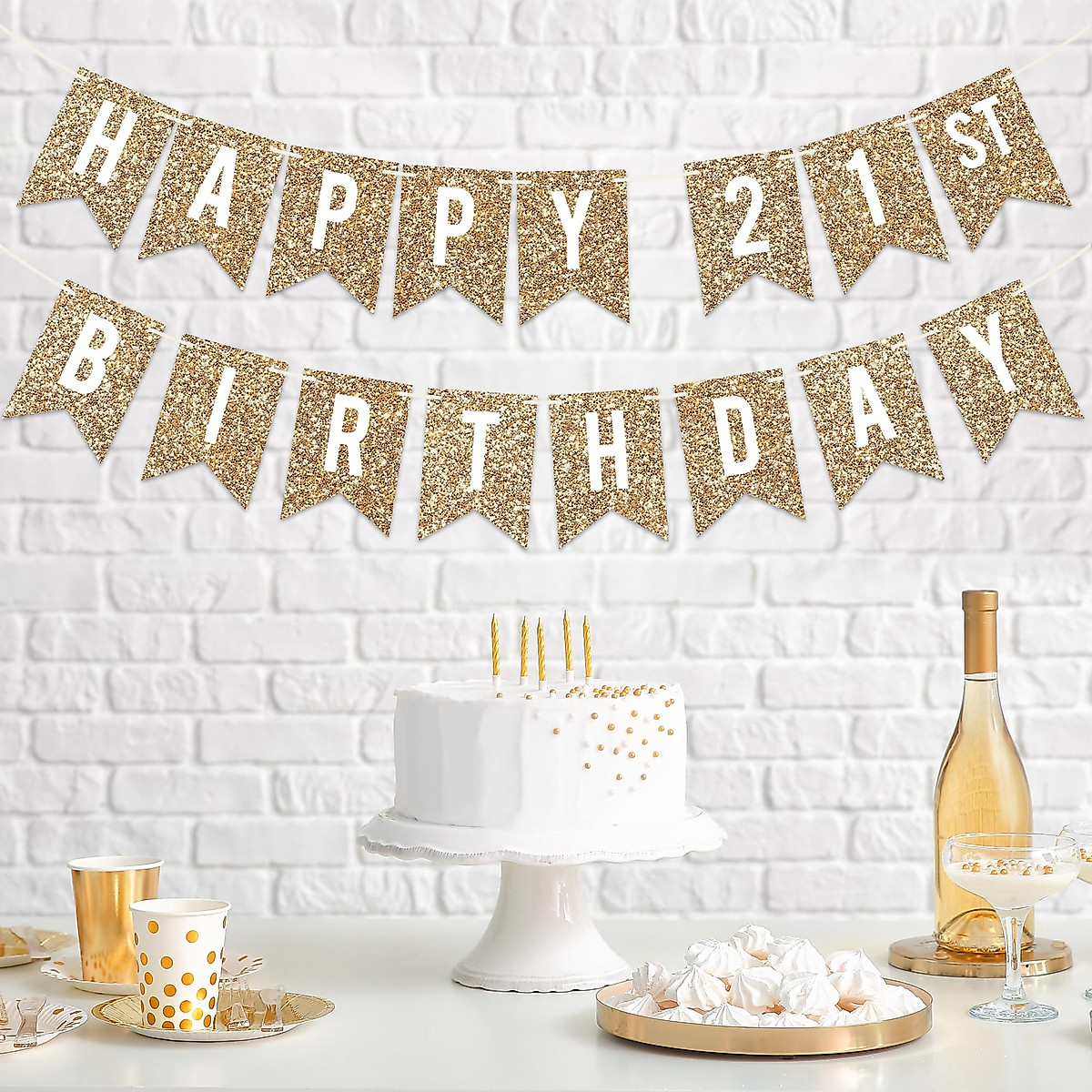 Pre-Strung Happy 21st Birthday Banner - NO DIY - Gold Glitter 21st Birthday Party Banner For Men & Women - Pre-Strung Garland on 6 ft Strands - Gold Birthday Party Decorations & Decor. Did we mention