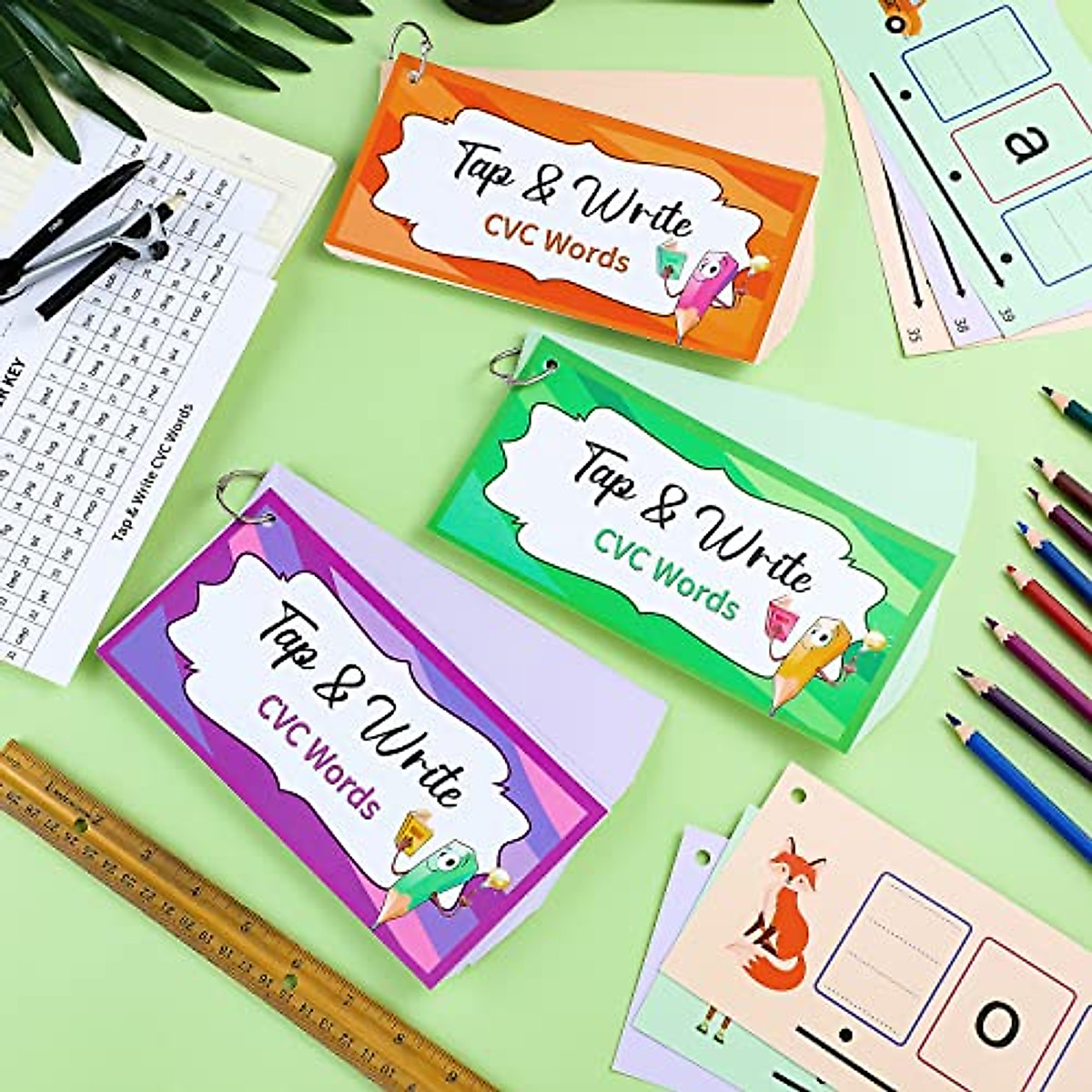126 Cards Tap and Write CVC Words Flash Cards Laminated Tracing Practice Card Learning Letter Cards CVC Flashcards with 3 Rings for Kindergarten Preschool Kids, 8 x 4 Inch