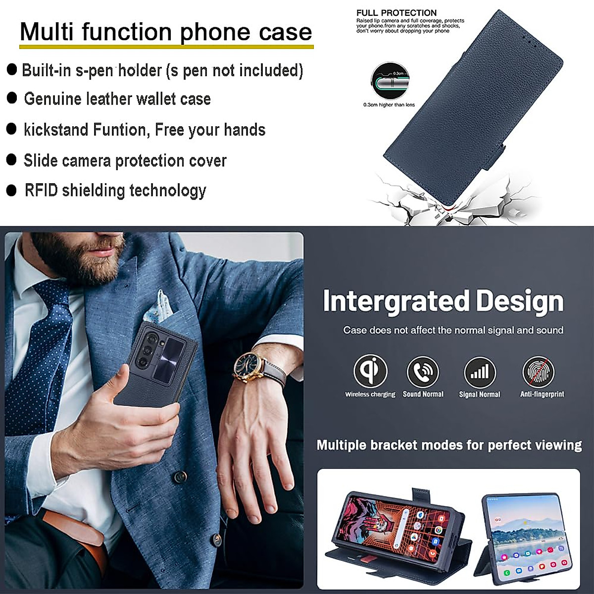 Woluki for Samsung Galaxy Z Fold 5 Case with S Pen Holder, Genuine Leather Wallet Case Built-in Slide Camera Cover, Hinge Protection, Kickstand, Stylus Slot Phone Case for Galaxy Z Fold5 5g (Blue)