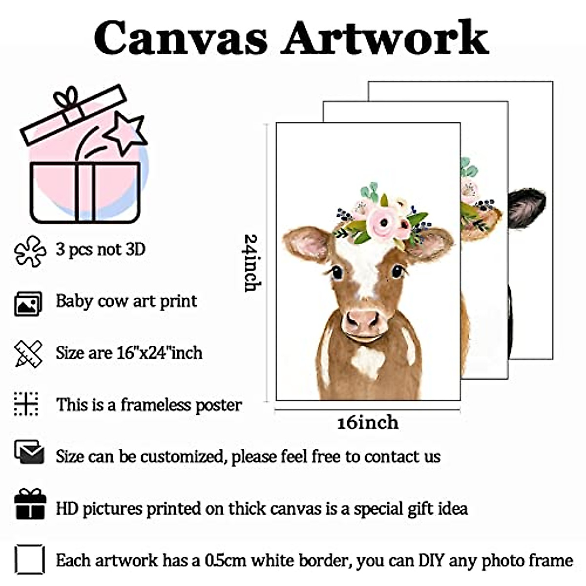 Cute Cow Canvas Wall Art Baby Animal Picture for Nursery Farm Animal Wall Decor Cow with Flowers Poster Baby Cow Cattle Painting with Flower Crown Artwork Brown Cow Wall Art 16x24inchx3pcs No Frame