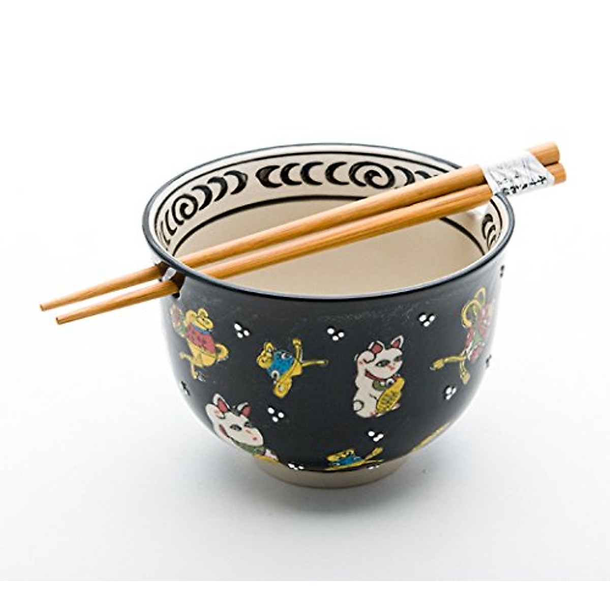 Quality Japanese Ramen Udon Noodle Bowl with Chopsticks Gift Set 5 Inch Diameter (Lucky Cat)