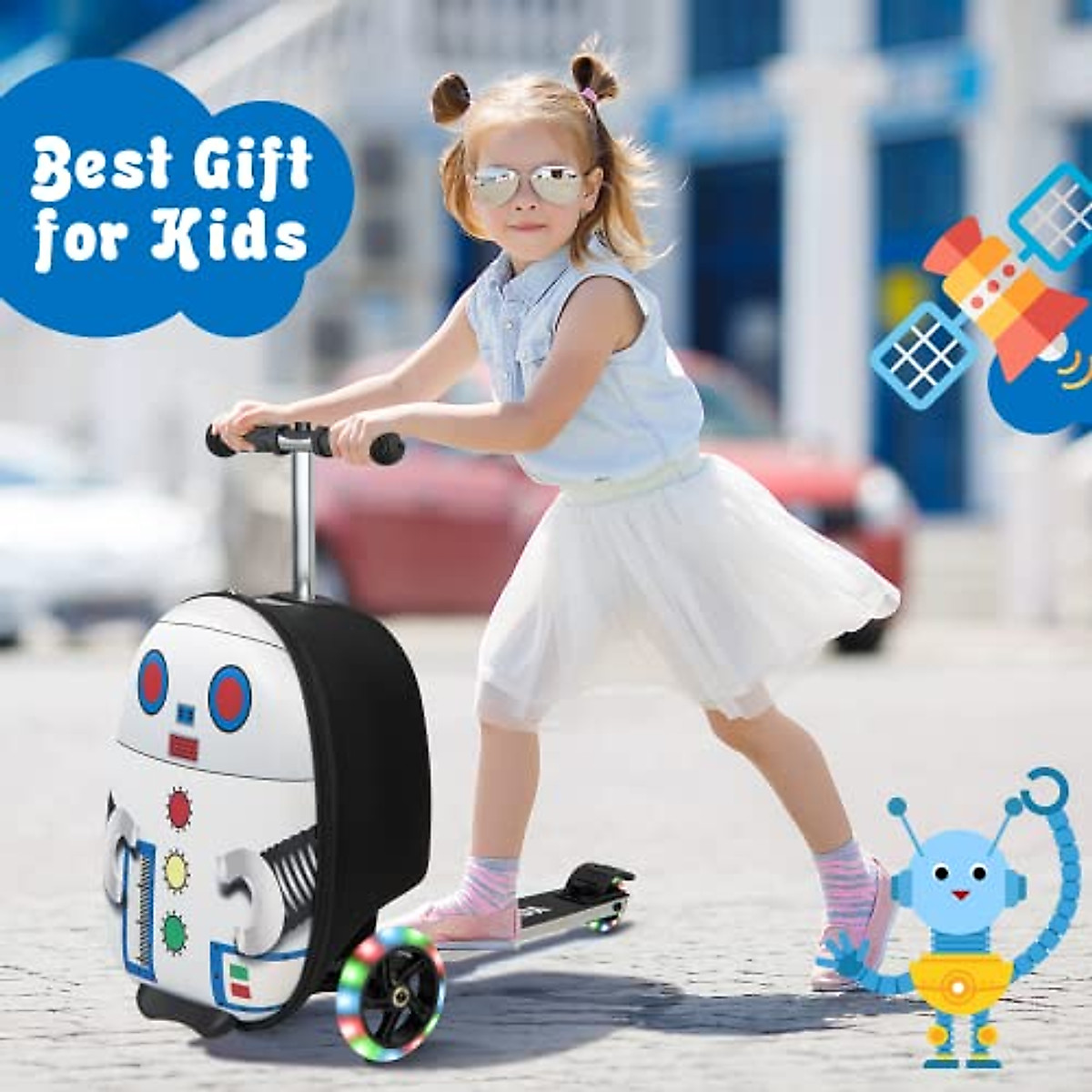 HONEY JOY Kids Scooter Suitcase, 18” Children Carry on Scooter Luggage w/Light-up LED Wheels, Waterproof Shell & Retractable Handle, Lightweight Foldable Ride on Suitcase for Kids Boys Girls(Robot)