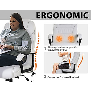 500 LBS Ergonomic Executive Office Chair, High Back Desk Chair with Massage Lumbar Support, Swivel Rocking Chair Computer Desk Chair with Padded Armrest and Adjustable Height, White