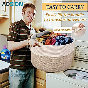 AOSION Large Cotton Rope Basket 22" x 22"x14" Extra Large Storage Baskets, Woven Laundry Basket for Blankets, Nursery Toy Basket with Handles, Blanket Basket for Living Room (Brown)