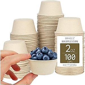 brheez 2 oz - Pack of 100 Disposable Bagasse Fiber Souffle Cups , 100% Natural, Biodegradable & Compostable Perfect for Condiments Small Portion & Samples Eco Friendly Paper Alternative - Natural