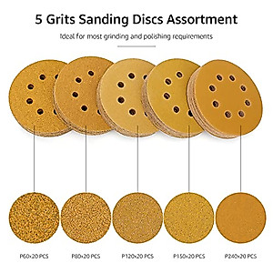 Amazon Basics 8-Hole Hook and Loop Sanding Discs - Assorted Grit, 5-Inch, 100-Pack