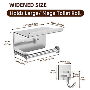 Adhesive Towel Hooks and Toilet Paper Holder Set, self Adhesive or Screw in Wall Mounted Toilet Paper roll Holder, rustproof Bathroom Tissue Holder Toilet Paper Holder with Phone Shelf (Silver)