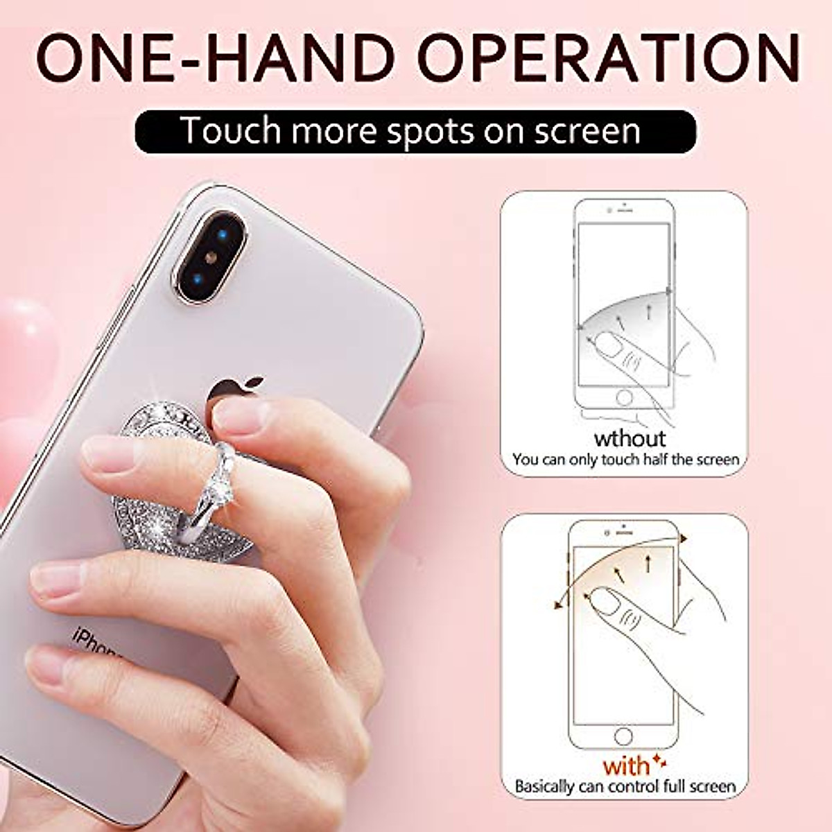 Cell Phone Finger Ring Stand with Sparkly Diamond, Nsiucion Heart Phone Ring Kickstand Holder [Washable] [Removable], 360°Rotation Zinc Alloy Ring Grip Stand for All Phones and Tablets (Silver)
