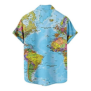 SMIDOW Funny World Map Print Hawaiian Shirts for Men Short Sleeve Button Down Funky Summer Casual Beach Aloha Shirt