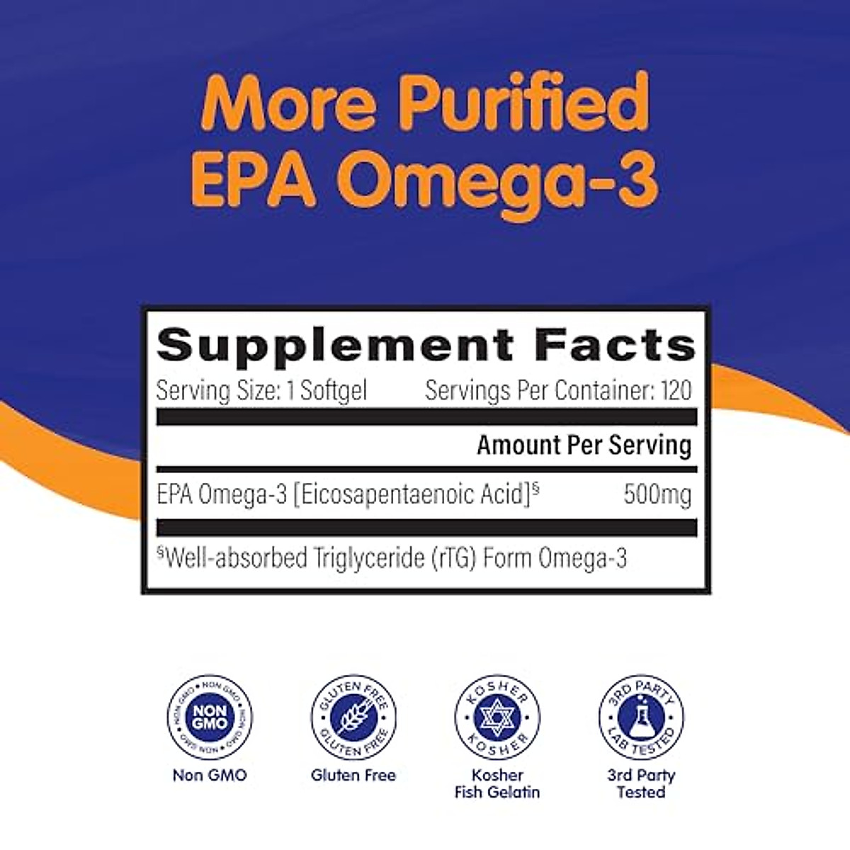 OmegaVia EPA 500, Purified Omega 3 Fish Oil Burpless Softgels, 500 mg EPA in Triglyceride Form, Unflavored Wild Fish Oil Supplements, No Fishy Burps, Non GMO and Gluten Free, IFOS 5-Star, 120 ct