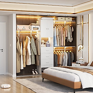 Armocity 96 Inches Closet System with Doors, 8FT Walk In Closet Organizer with 3 Shelving Towers, Heavy Duty Clothes Garment Rack with 3 Wood Drawers, 96" L x 16" W x 80" H, Max Load 1000 LBS, White