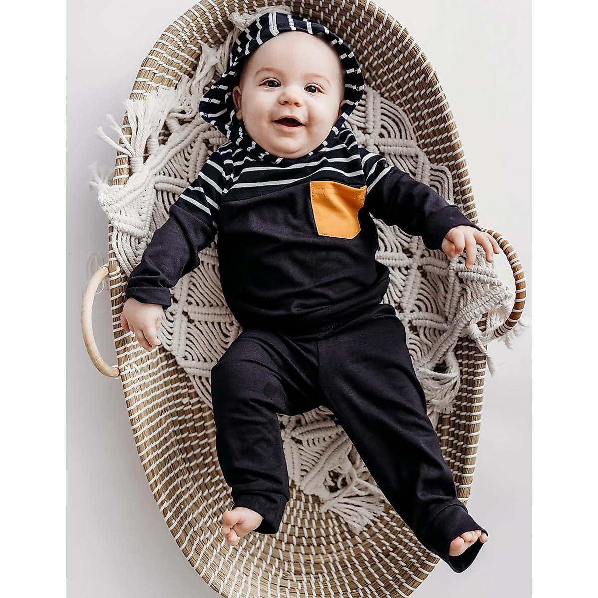 Douhoow Infant Fall Baby Outfit Baby Boy Hoodies Hoody Sweatshirt Drawstring Pants Baby Boy Clothes Set (Black stripes, 6-12 Months)
