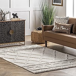 nuLOOM Kenna Wool Shaggy High-Low Geometric Trellis Area Rug, 9' x 12', Ivory
