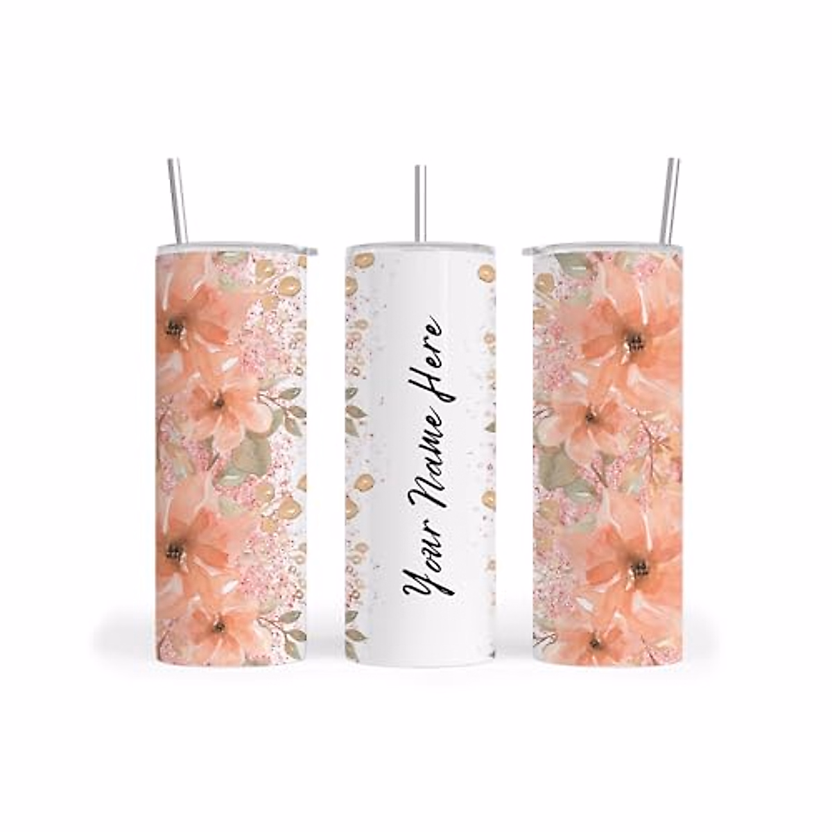 Personalized Flowered Skinny Tumbler 20Oz, Stainless Steel with lid, Straw, Brush and Non-Slip Base. Keep Drinks Hot or Cold. Use like Water Bottle, Coffee Mug, Travel Mug, Wine Cup. (Glitter Orange)