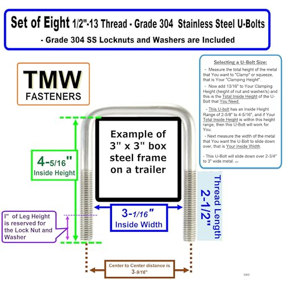 TMW - (8) 304 Stainless Steel Square U-Bolts 1/2" Diameter x 3-1/16" Inside Width x 4-5/16" Inside Height with 304 SS Lock Nuts and Washers for Boat and Utility Trailers Made in The U.S.A.
