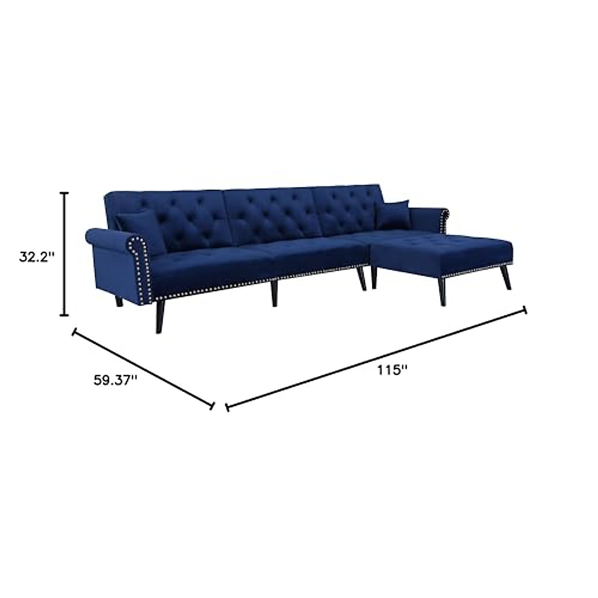 Convertible Sectional Sofa Bed, L-Shaped Reversible Reclining Velvet Sofa with 3 Seats and Pillows for Living Room Small Apartment Spaces Furniture Set (Blue)