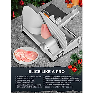 MIDONE Meat Slicer 200W Electric Deli Food Slicer with Two Removable 7.5’’ Stainless Steel Blade, Adjustable Thickness for Home Use, Child Lock Protection, Silver