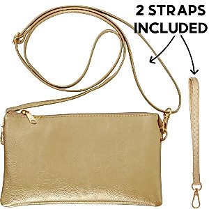 Humble Chic NY Gold Crossbody Purse - Small Gold Wristlet Purse, Crossbody Clutch Wallet for Women, Vegan Leather Clutch Wristlets for Women, Dressy Evening Handbags, Small Vegan Leather Bag