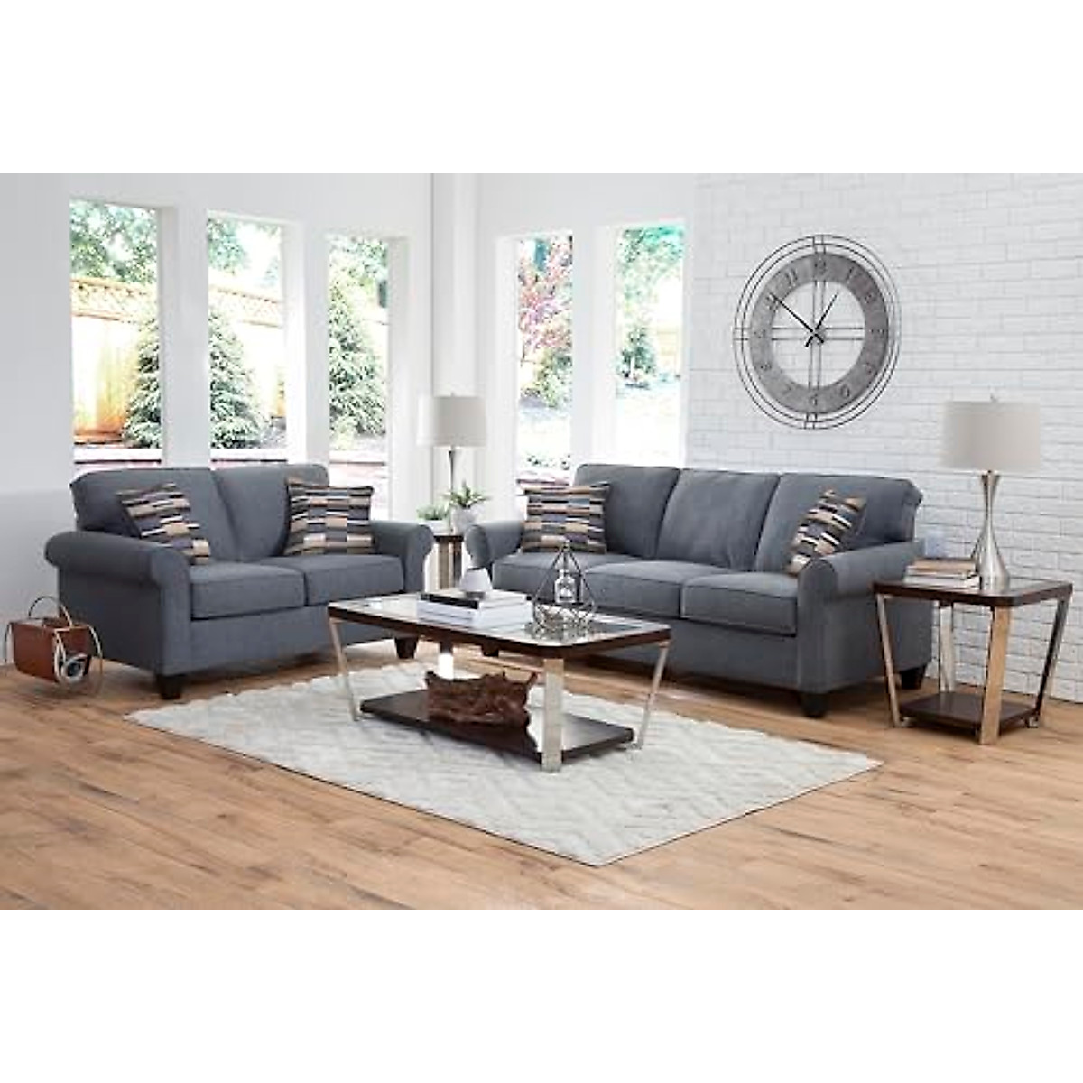 American Furniture Classics Model 8-020-A330V22 Eureka Rolled Arm Loveseat with Two Pillows Love Seats, Blue