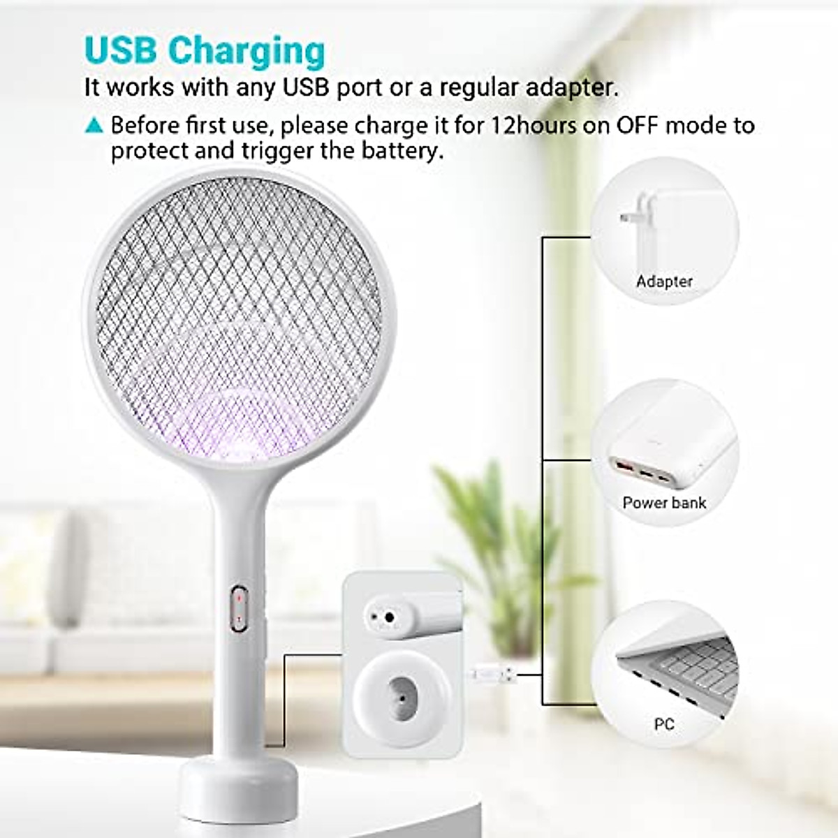 YISSVIC Electric Fly Swatter 4000V Bug Zapper Racket Dual Modes Mosquito Killer with Purple Mosquito Light Rechargeable for Indoor Home Office Backyard Patio Camping