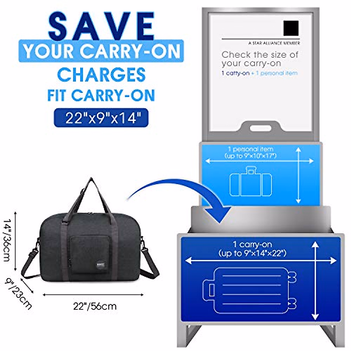 WANDF for Alaska Airlines 22&quot; Foldable Travel Duffle Bag for Travel Gym Sports Weekender Bag (22 inches (50 Liter), Dark Grey Denis 22&quot;)…