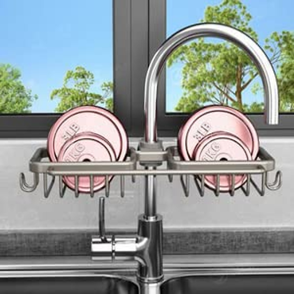 LuLusmoda Kitchen Sink Rack Faucet Sponge Holder Over The Sink Organizer Faucet Rack with Hook，A Free Dish Cloth Note：Round Pipe with Diameter 0.7-1.1 Inchs Can Be Used(Aluminum，Double,Elegant Gray