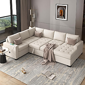 Oversize Sectional Sleeper Sofa Sofabed - Extra Large Modern Sectional Sofa Set with Pull-Out Bed and Lounge Chair, USB and Type-C, Suitable for Living Room, Study Room and Apartment (Beige)