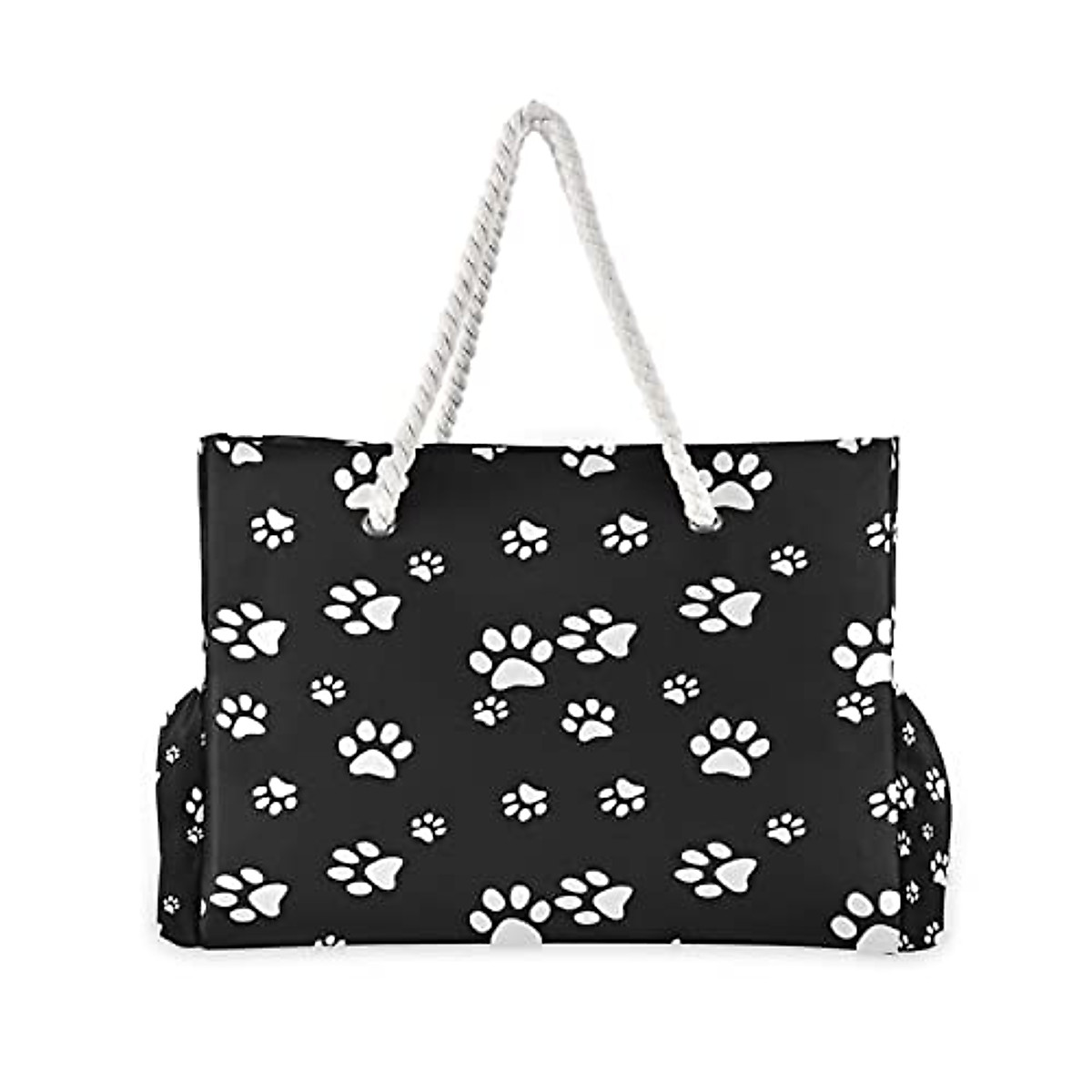 ALAZA Paw Print Footprint Black Tote Bag Beach Large Bag Rope Handles for Shopping Groceries Travel Outdoors