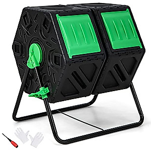 Goplus Compost Bin, Dual Chamber 34.5 Gal Compost Tumbler with 2 Rotating Chambers, Sliding Doors, High-Volume Outdoor Garden Composter, Rotating Composting Bin for Garden Yard, BPA Free