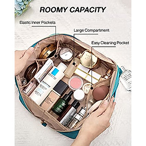 BAGSMART Makeup Bag Cosmetic Bag, Travel Makeup Bag,Water-resistent Makeup Bags for Women Portable Pouch Open Flat Make Up Organizer Bag for Toiletries, Brushes, Teal