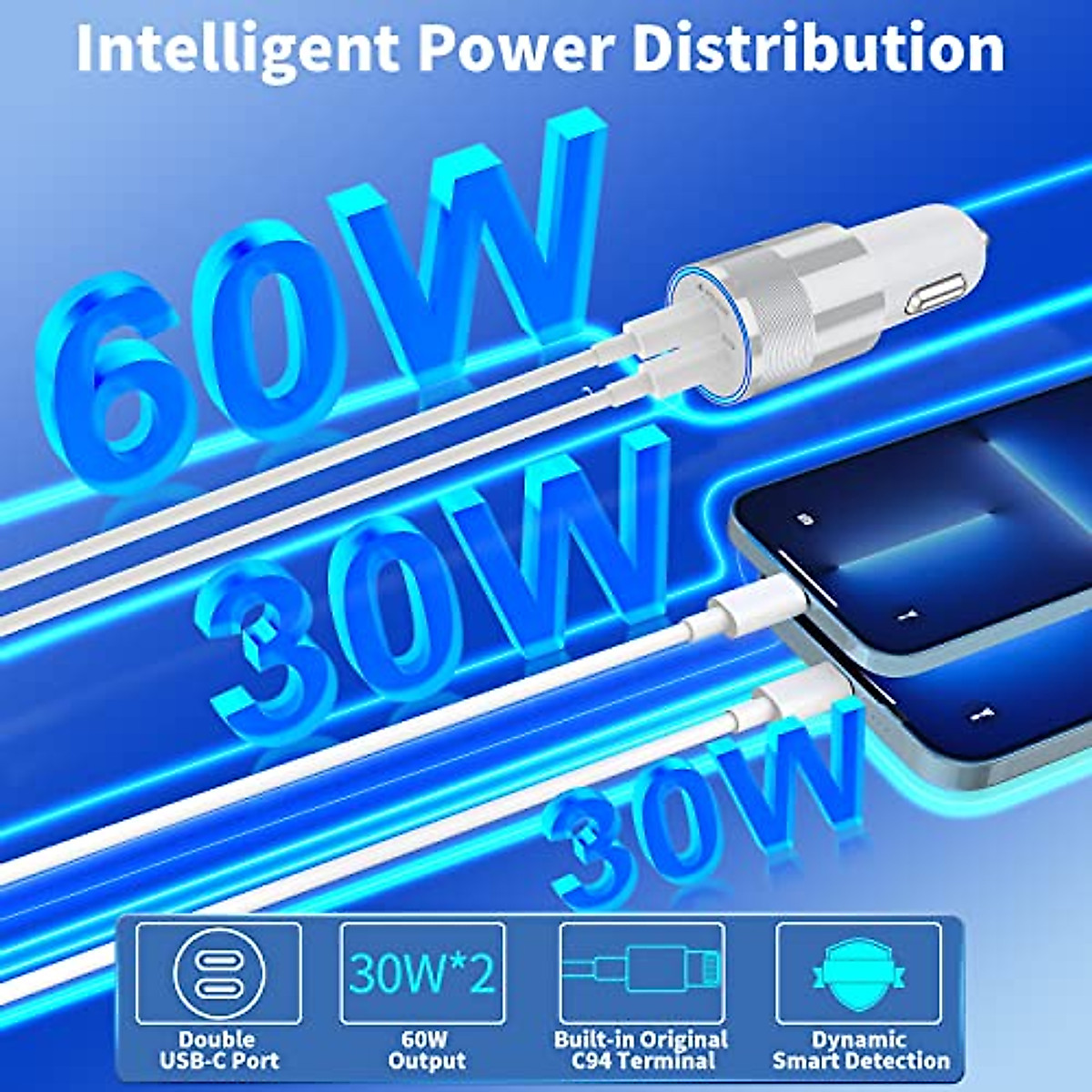 [Apple MFi Certified] iPhone Car Charger, KYOHAYA 60W Dual PD USB-C Power PPS Super Fast Car Charger with 2 Pack Type C to Lightning Quick Charging Cable for iPhone 14/13/12/11/XS/XR/X/SE/iPad/AirPods