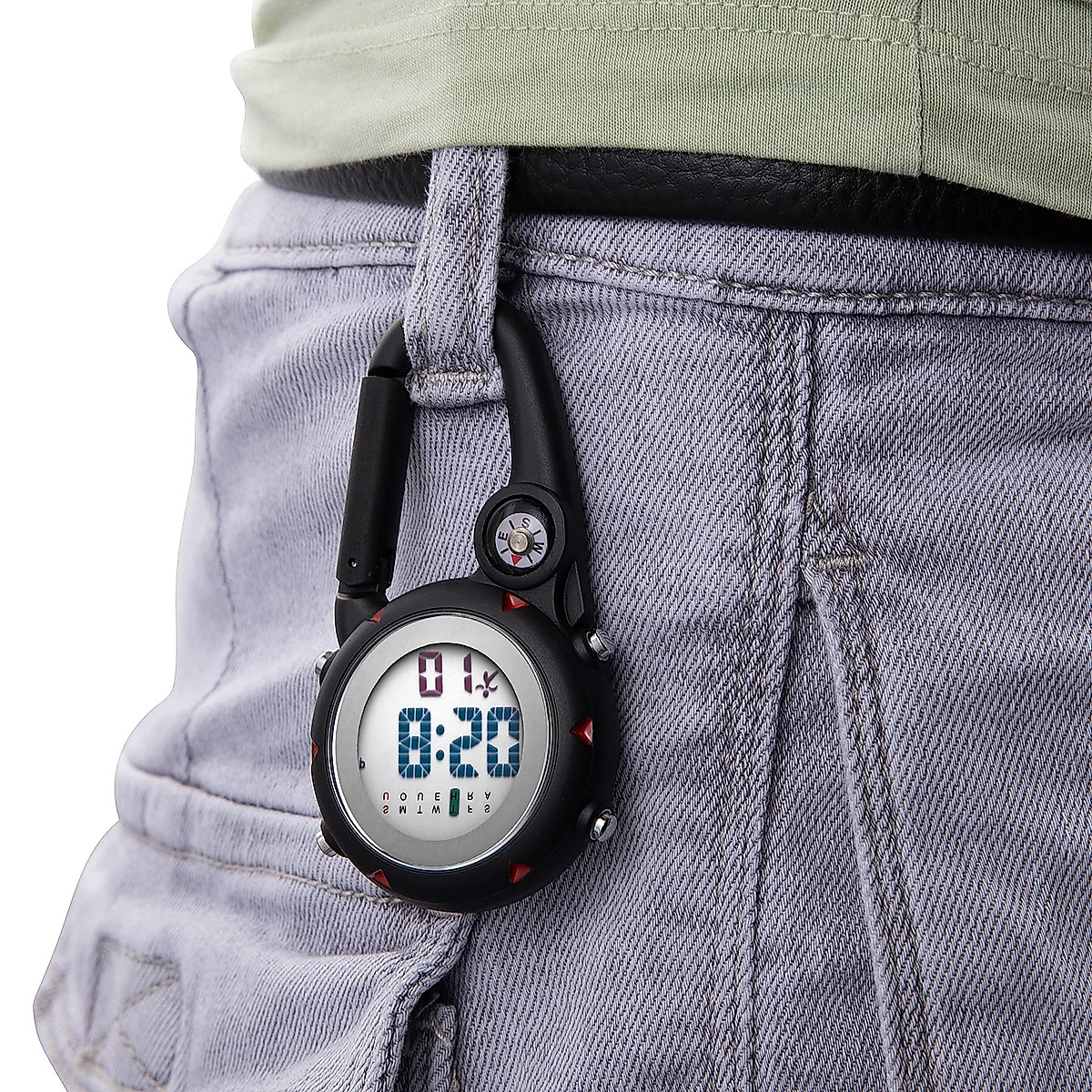 JewelryWe Men Women Black Digital Clip Watch Mini Microlight Watch Backpack Buckle Belt fob Watch for Rock Climbing Doctors Nurses Chefs