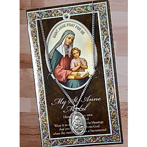 Saint Anne Medallion with St Anne Prayer Card, Lord's Prayer Card | St Anne Medal Necklace Jewelry | Catholic Patron Saint Of Unmarried Women, Mothers, Grandmothers Themed Set, Total 3 Items