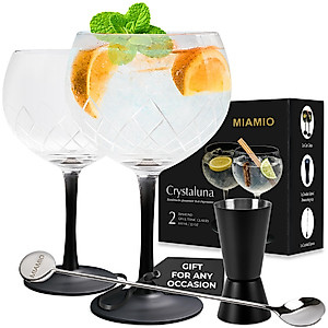 MIAMIO - 2 x 22 oz Gin Glass/Set of 2 Gin Glasses - Tonic Glasses Ideal for Gin and Cocktails - Gift Set including Measuring Cup Glass and Stirring Spoon