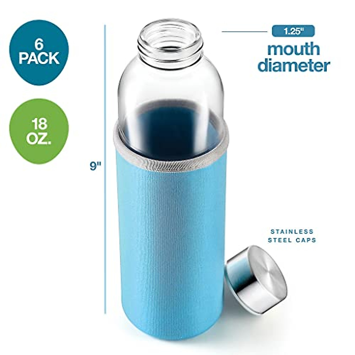 glass bottles 6 Pack 18oz - Includes 6 Sleeves (COLORS MAY VARY) - glass drinking bottles for Beverage and Juice - water bottle glass with stainless Steel Caps with - Leak-Proof Lid